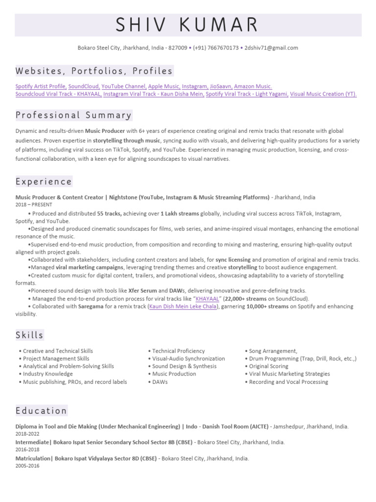 Shiv_Kumar_NIGHTSTONE_Music_Production_CV | PDF | You Tube | Spotify