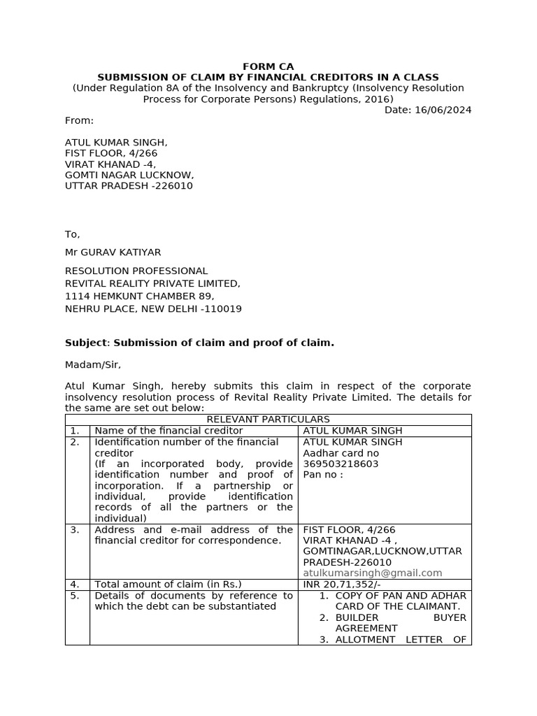 Financial Creditors' Claim Form | PDF | Bankruptcy | Debt