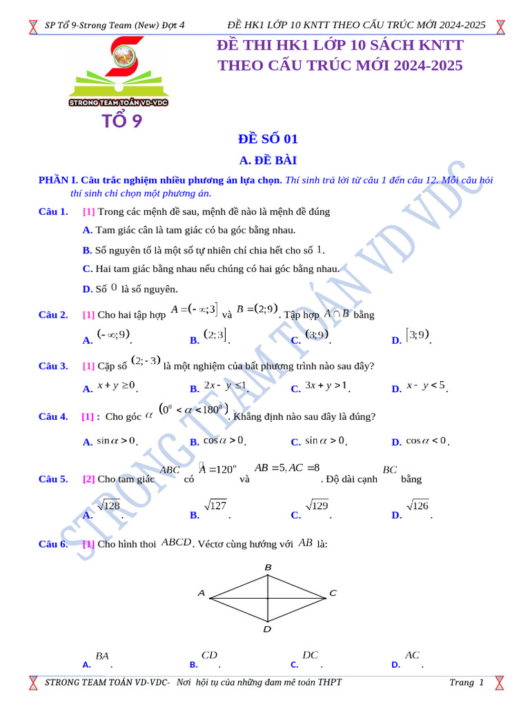 TỔ 9-ĐỢT 4-ĐỀ 1-ĐỀ CUỐI HK1 LỚP 10 KNTT THEO CTM | PDF