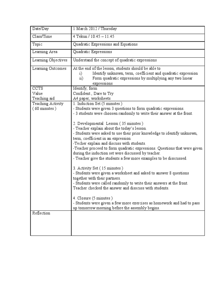 RPH Lesson Study | PDF | Quadratic Equation | Factorization