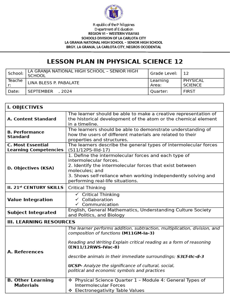Lesson Plan in Physical Science 12 | PDF | Intermolecular Force ...