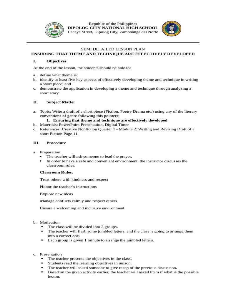 Lesson Plan On Theme And Technique In Writing Pdf Teachers Lesson