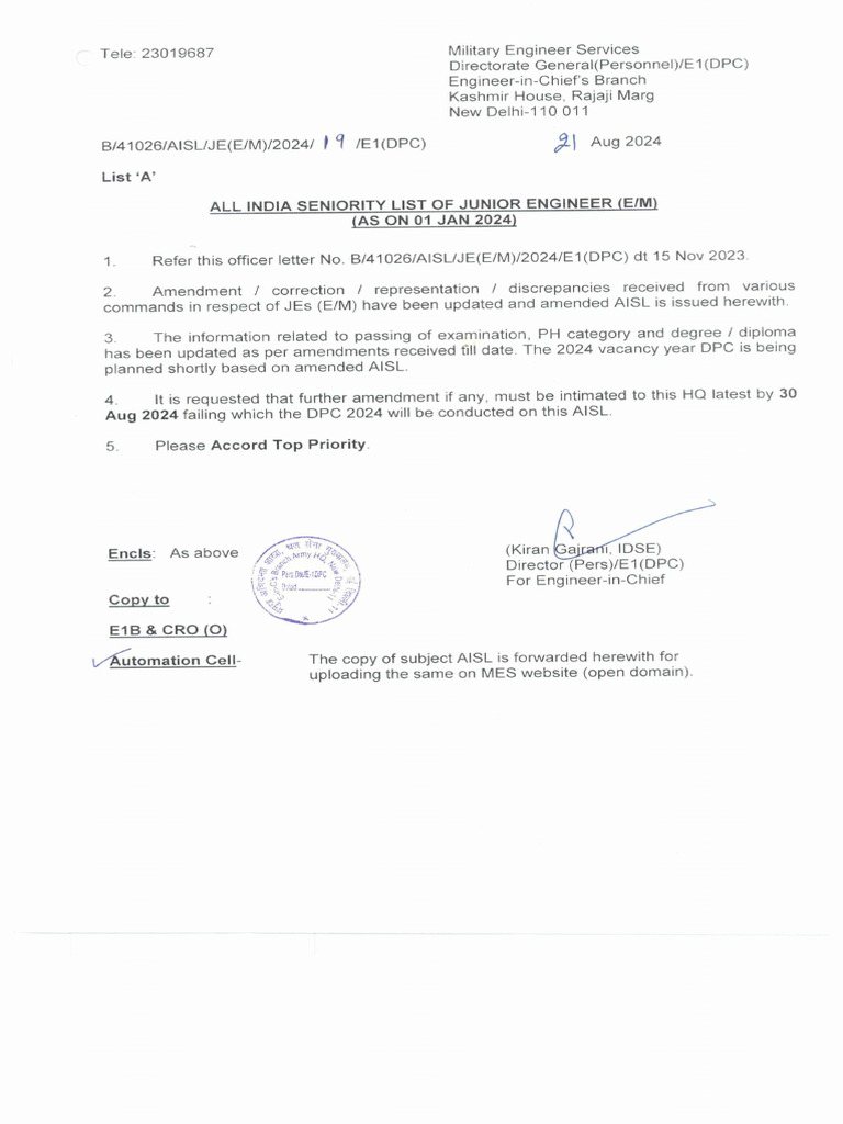 All India Seniority List of Junior Engineer (Em) DT 21 Aug 2024 | PDF