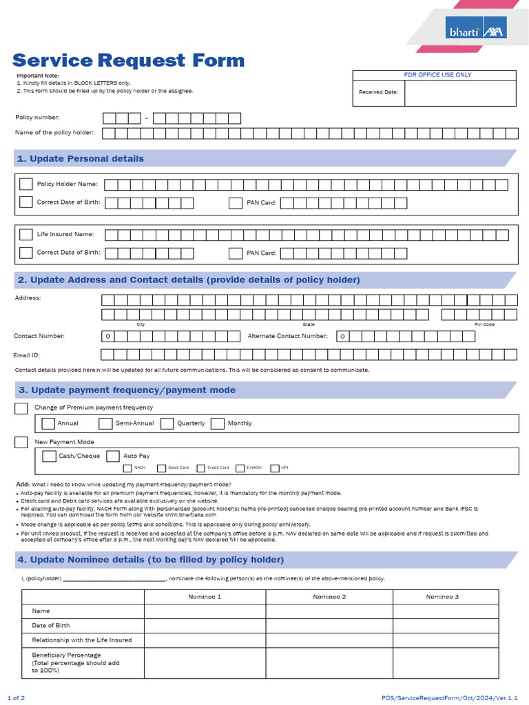 Policy Service Request Form Oct 24 | PDF | Insurance | Payments