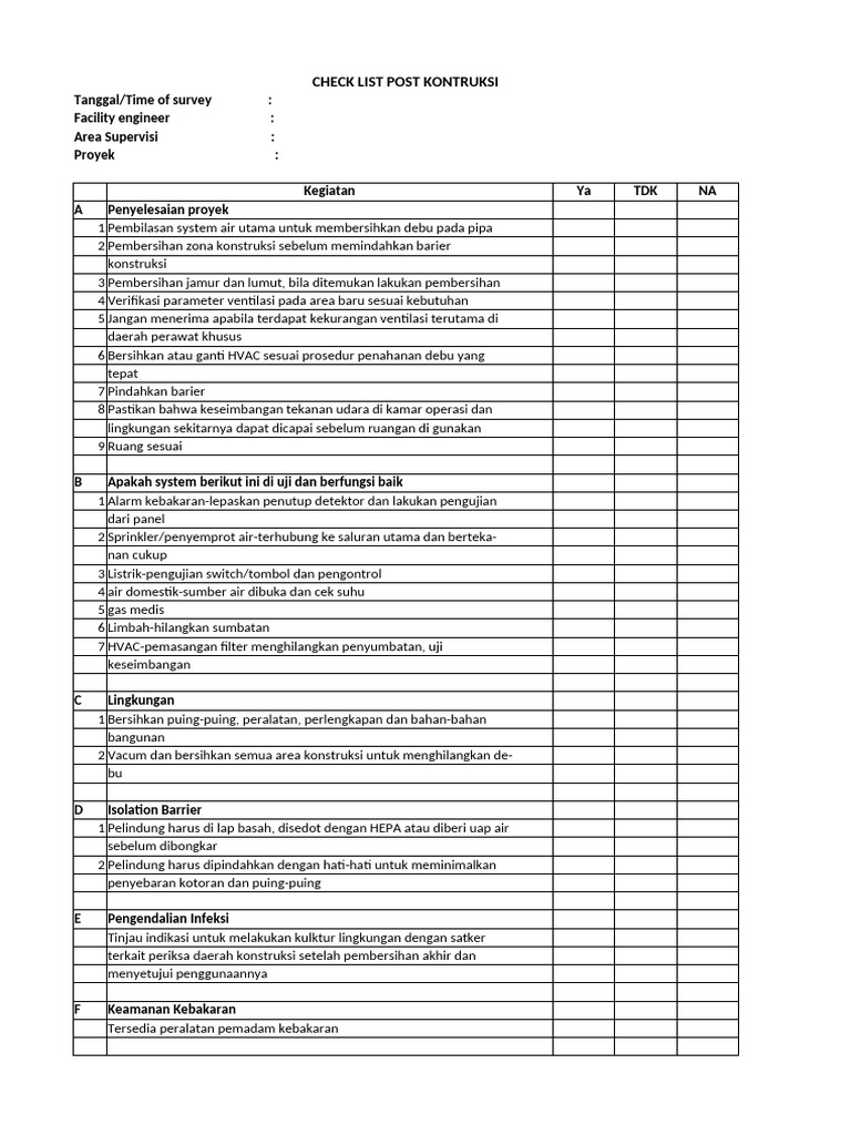 Check List Pos Konstruksi PCRA | PDF
