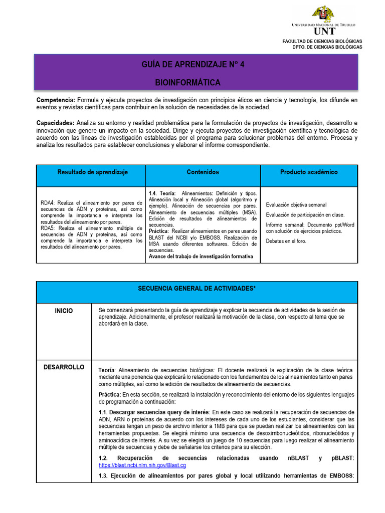 Guia de aprendizaje 4 Bioinformatica MYP 2024-II | PDF | Alineación de secuencia | Bioinformática