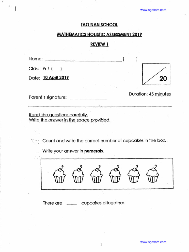 2019 P1 Maths Test1 Tao Nan | PDF