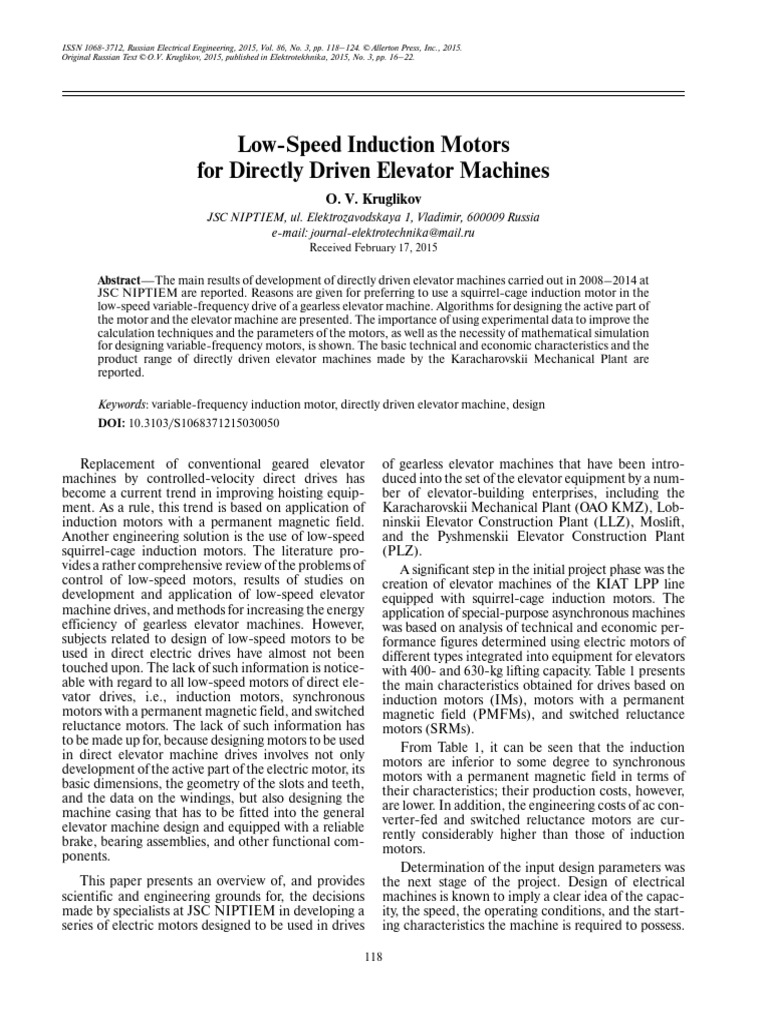 Low-speed induction motors for directly driven elevator machines | PDF ...