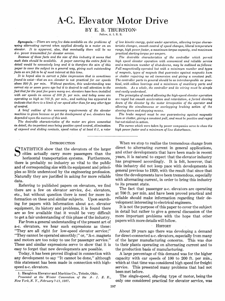 A-C. Elevator Motor Drive | PDF | Electric Motor | Elevator