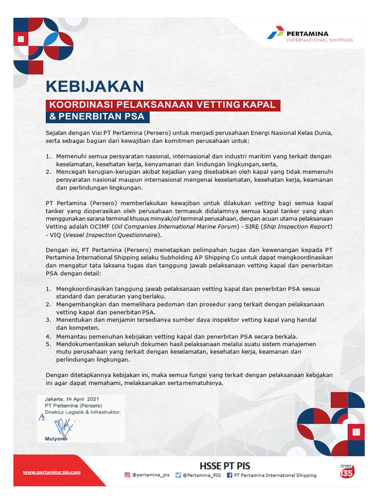 Kebijakan Vetting Kapal Pertamina Pis | PDF