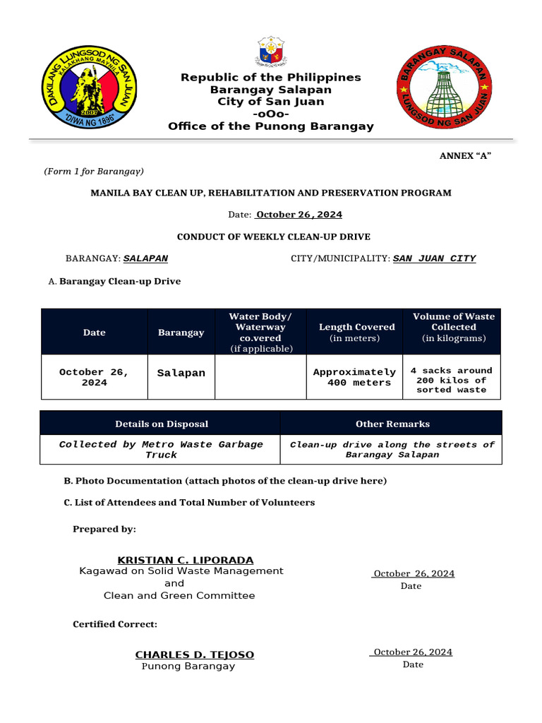 Weekly Clean-Up Drive Oct 26, 2024 | PDF | Human Impact On The ...