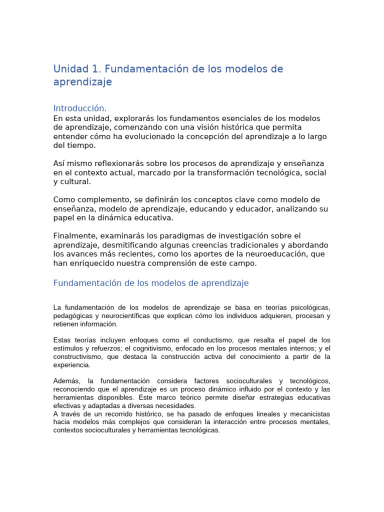 Unidad 1 Fundamentacion de Los Modelos de Aprendizaje | PDF | Aprendizaje | Enseñando