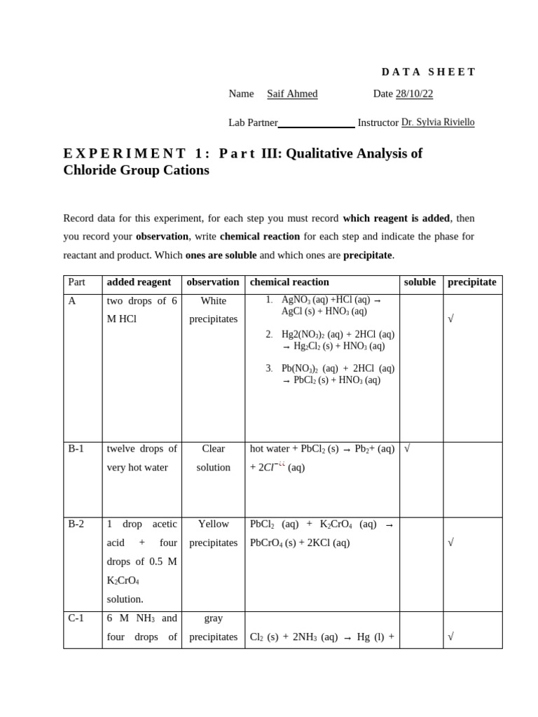 Chemistry Lab: Cation Analysis Guide | PDF | Precipitation (Chemistry) | Chemistry