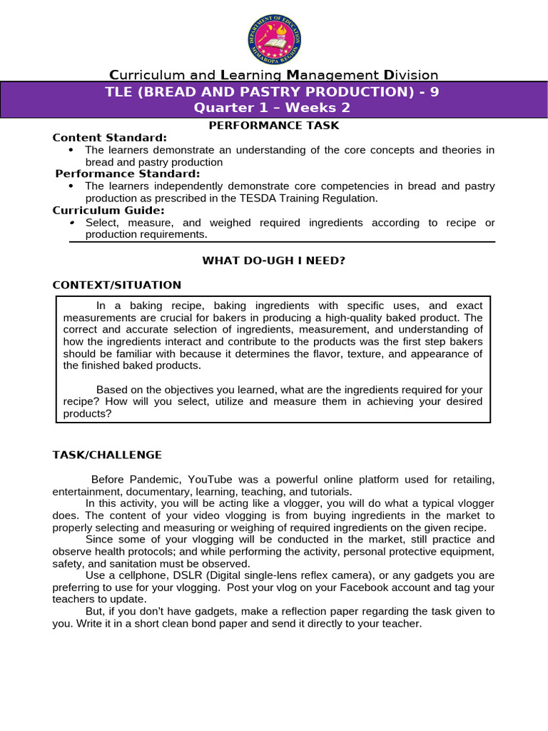 Performance Task - TLE 9 w2 | PDF | Baking