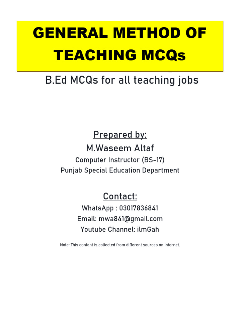 Book 2 B.ed Padagogy MCQs Teaching Methods 1 | PDF | Neuroscience | Cognitive Psychology