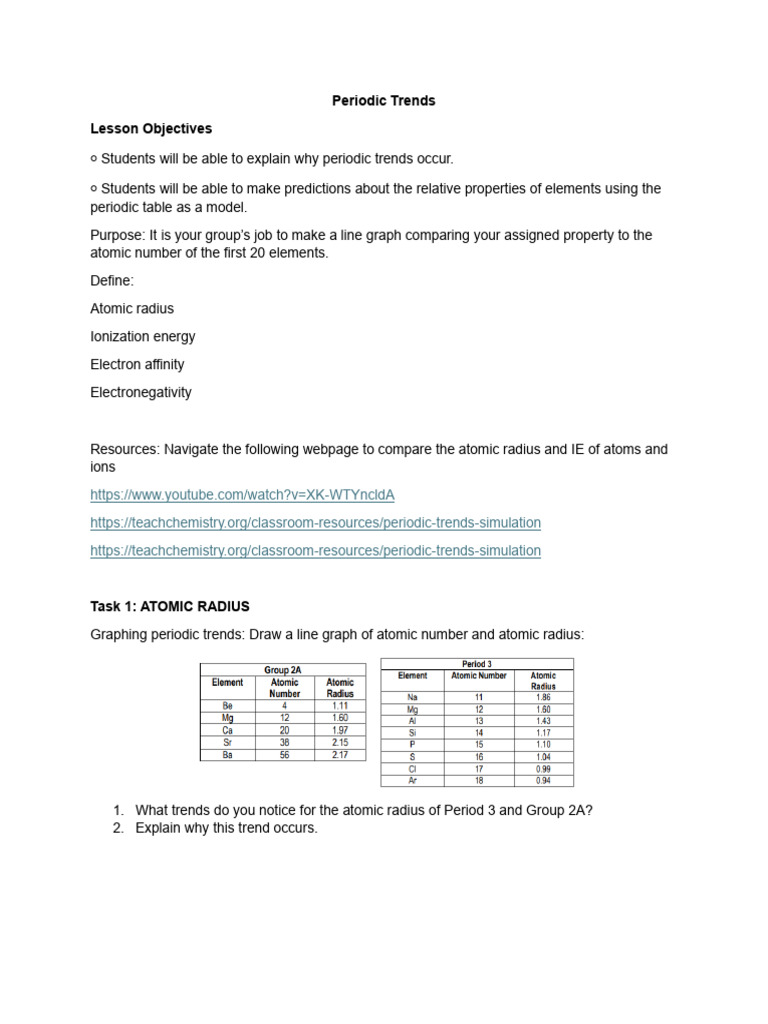 Atomic Radius and Ionisation Energy Task Sheet | PDF