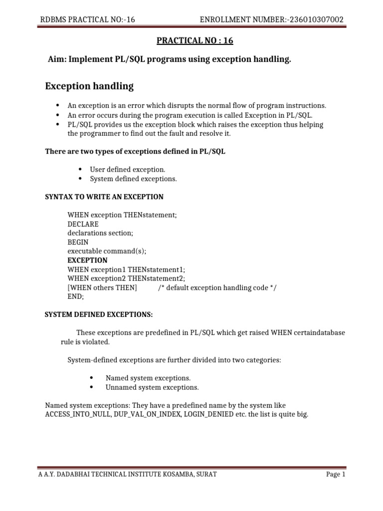 RDBMS PRACTICAL 16 (2) | PDF | Pl/Sql | Relational Database RDBMS PRACTICAL 16 (2) | PDF | Pl/Sql | Relational Database