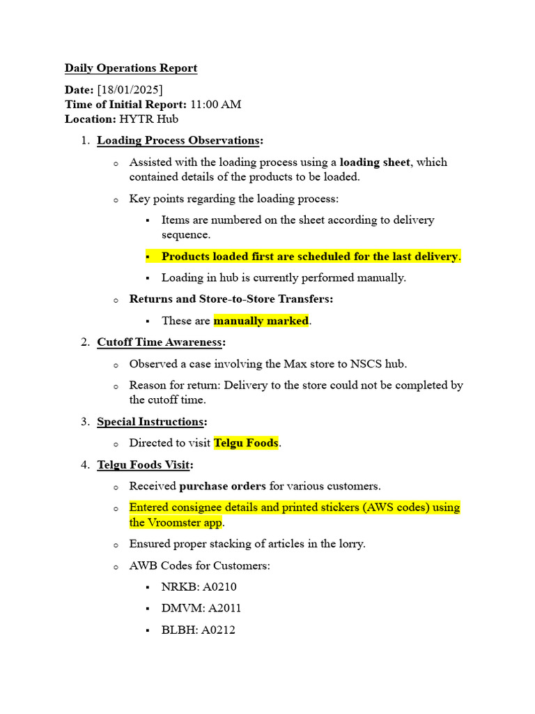 Daily Operations Report | PDF