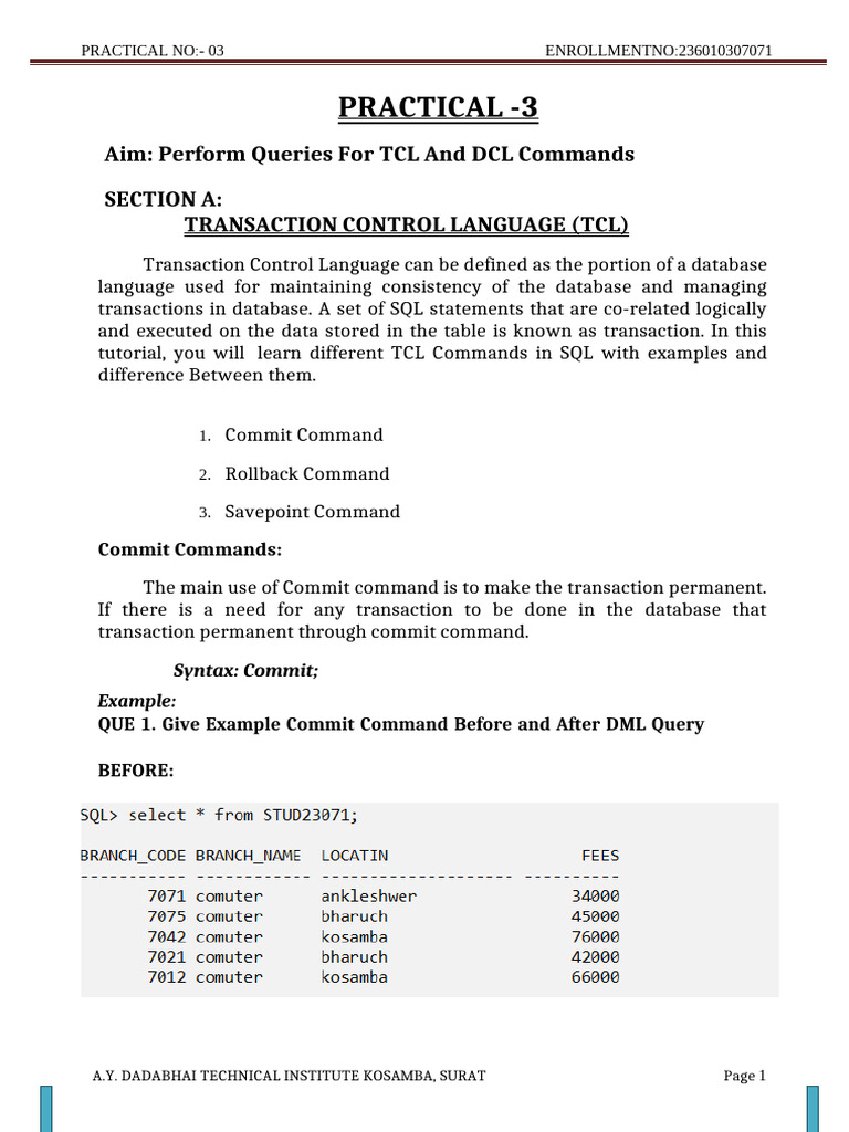 Dhruv RDBMS PRACTICAL 3 | PDF | Sql | Database Transaction