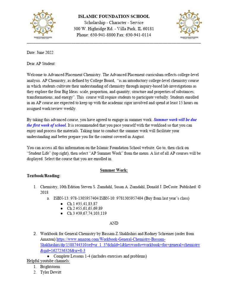AP Chemistry Summer Work Guide | PDF | Advanced Placement | Academic ...