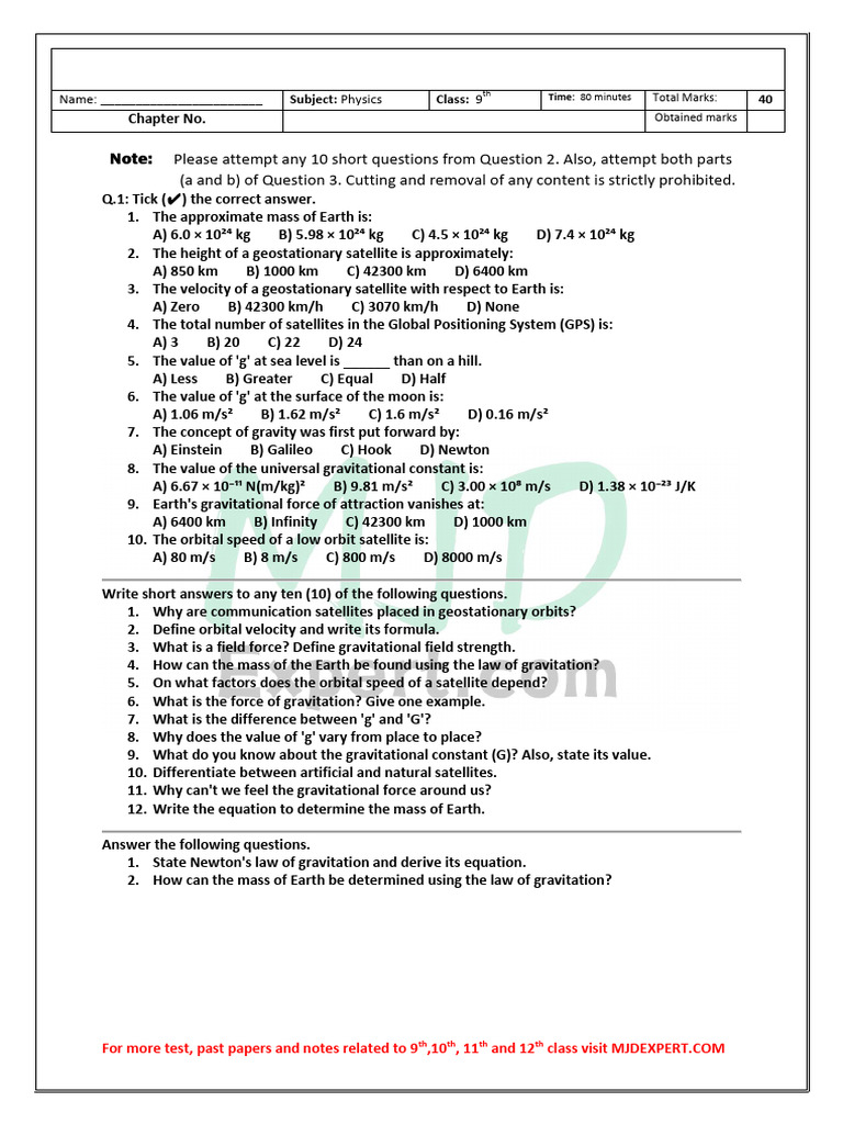 Ch5 9th Class Physics Chapterwise Test | PDF | Gravity | Newton's Law ...