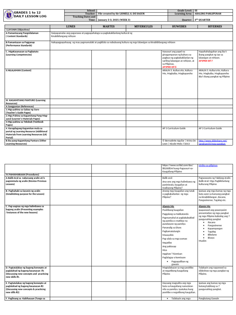 DLL Araling Panlipunan 3 q3 w3 | PDF