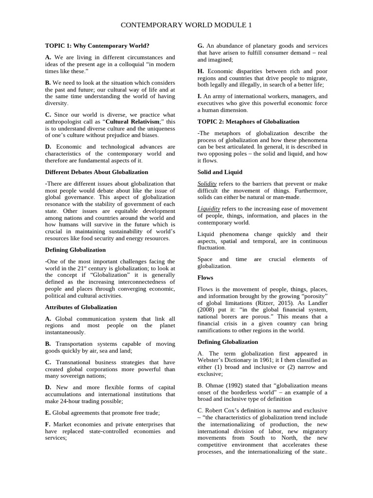 MODULE 1 Contemporary World Globalization | PDF | Globalization | Socialism