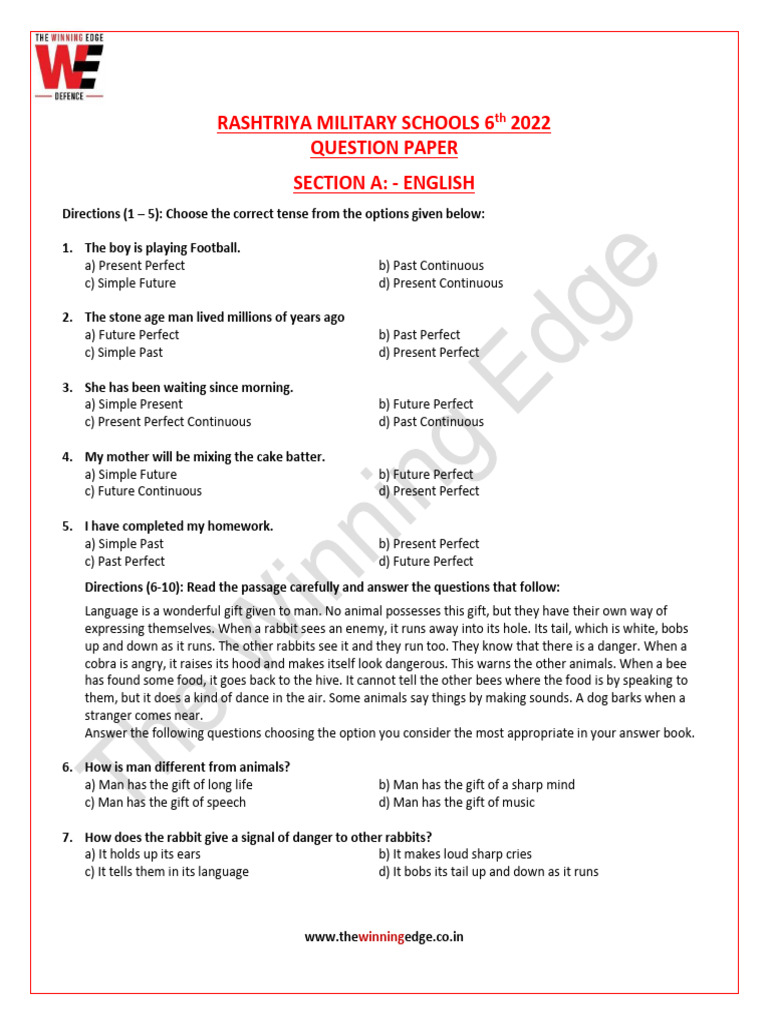 Rashtriya Military Schools Exam Paper | PDF | Litre | Area