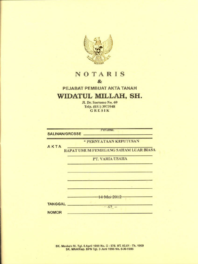 Akta No. 62 Tgl. 14 Mei 2012 TTG Perubahan Direksi & Komisaris | PDF