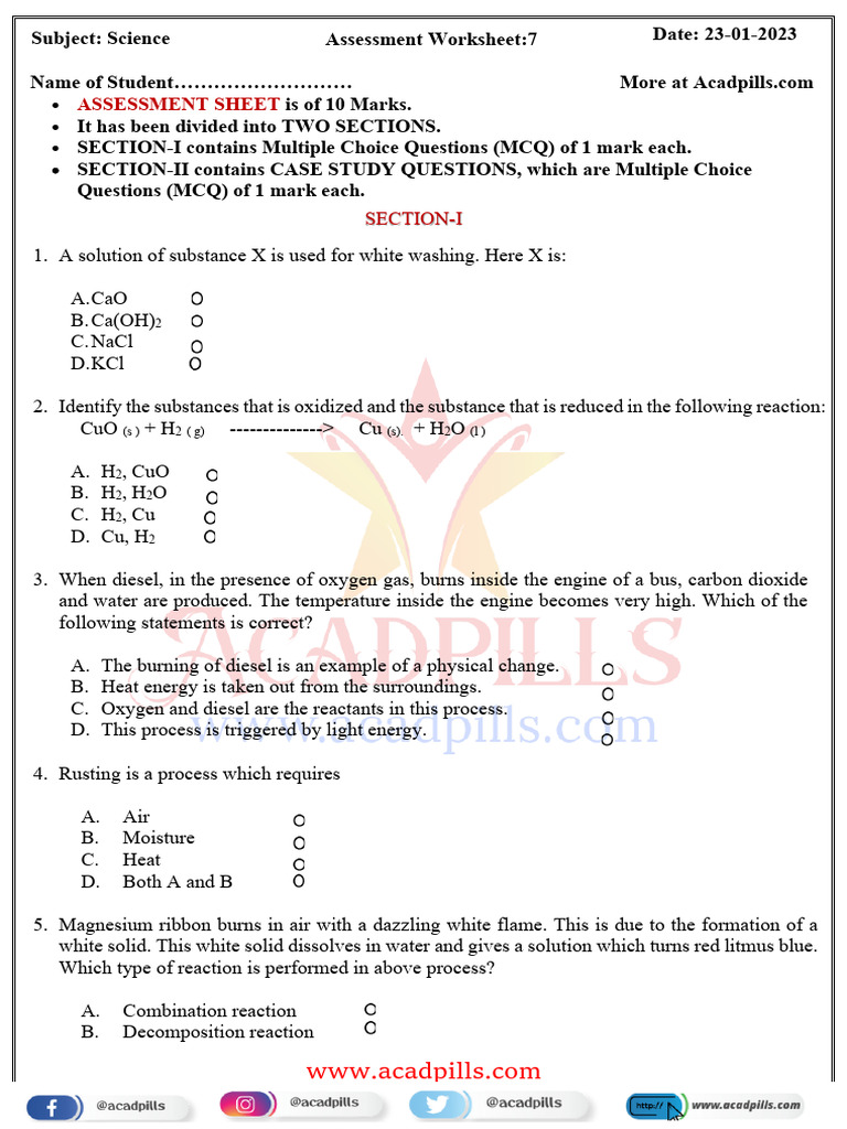 Science Assessment Worksheet 7 | PDF | Acid | Ph
