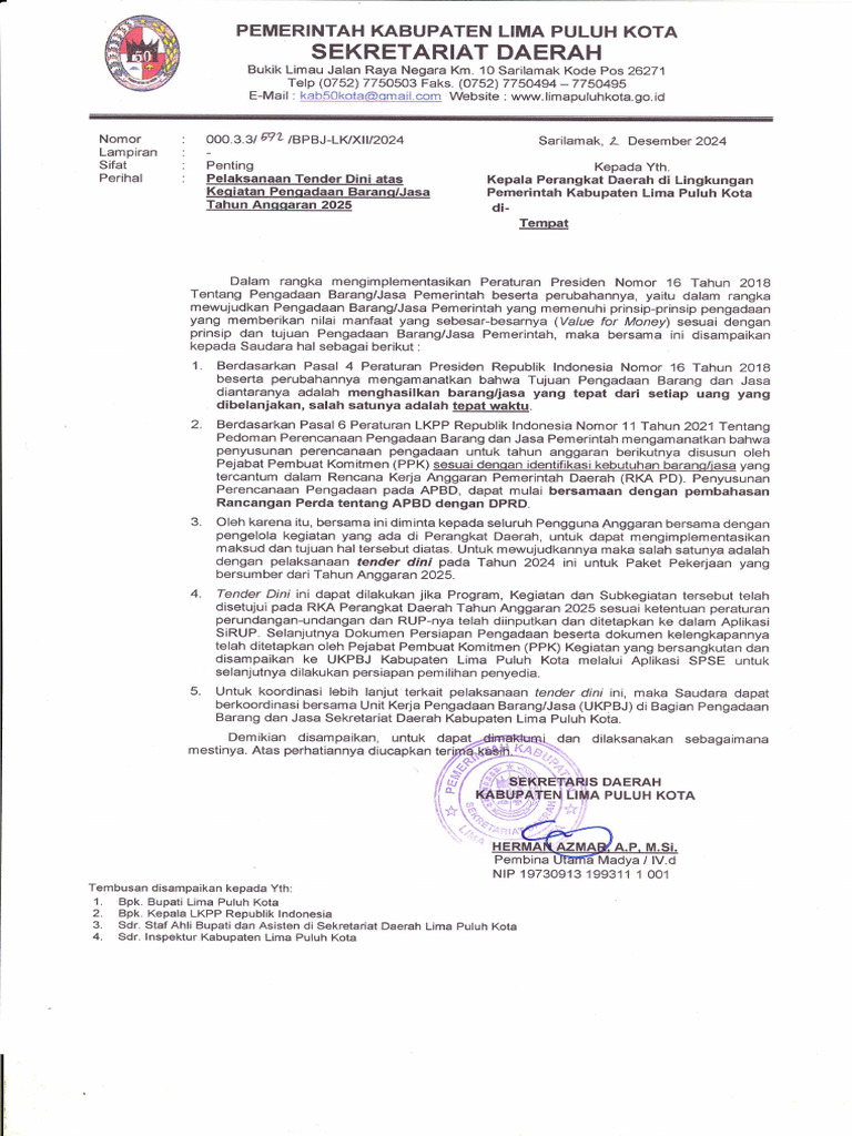 Surat Sekda Ke SKPD Pelaksanaan Tender Dini TA 2025 | PDF