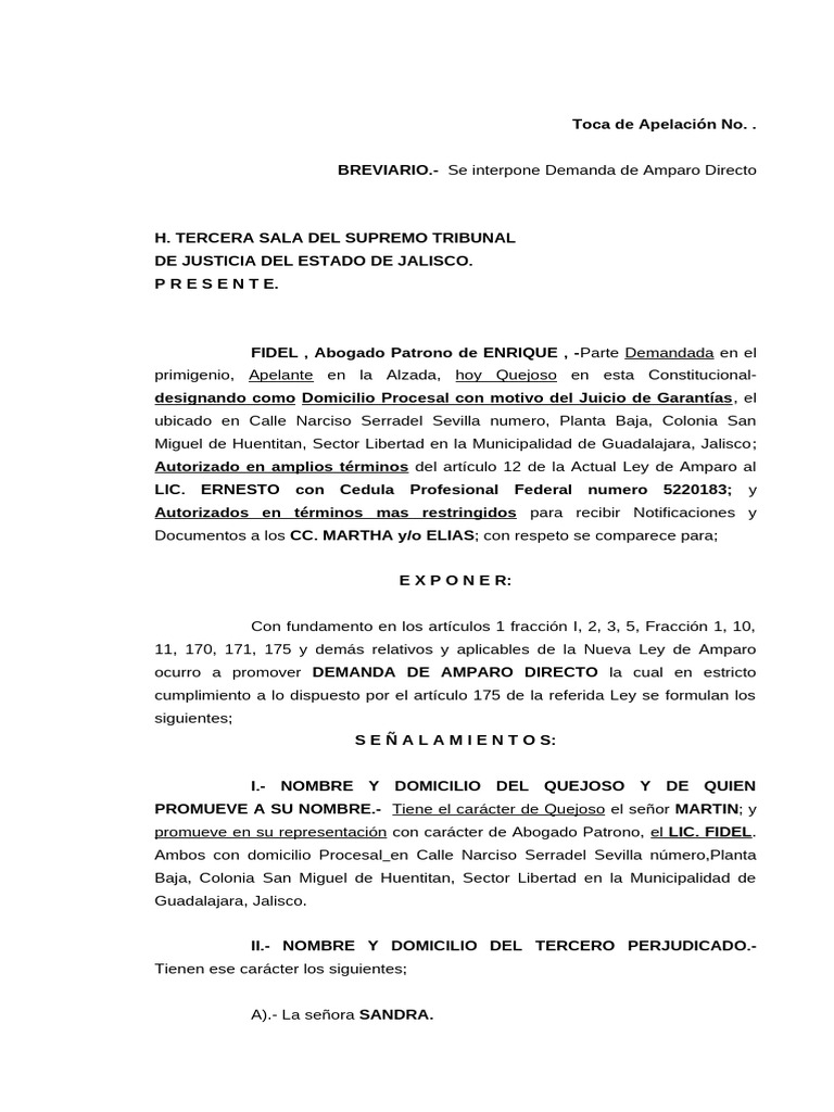 Demanda de Amparo Directo. | PDF | Apelación | Debido al proceso