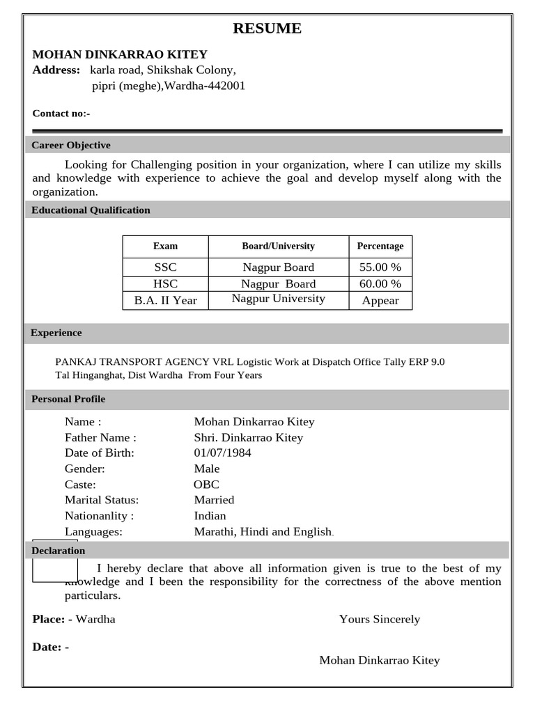 Resume of Mohan Dinkarrao Kitey | PDF