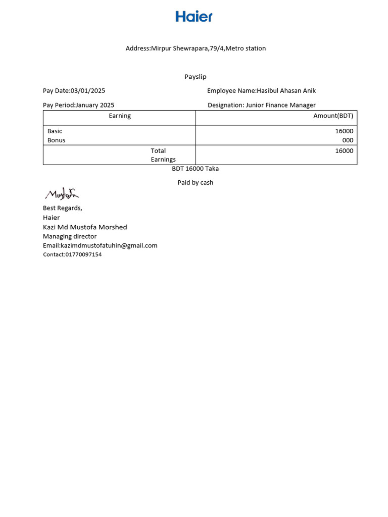 Payslip for Junior Finance Manager | PDF
