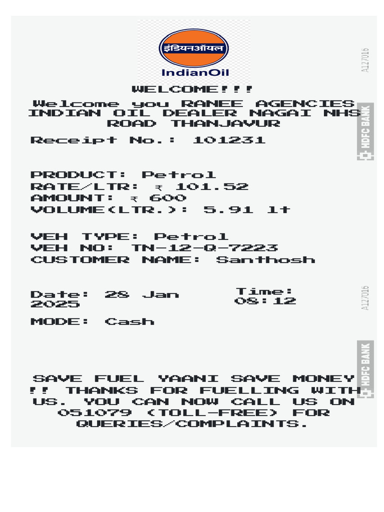 Petrol Purchase Receipt - Ranee Agencies | PDF
