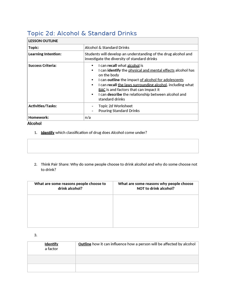 Topic 2d - Alcohol and Standard Drinks | PDF | Alcoholic Beverages | Drink