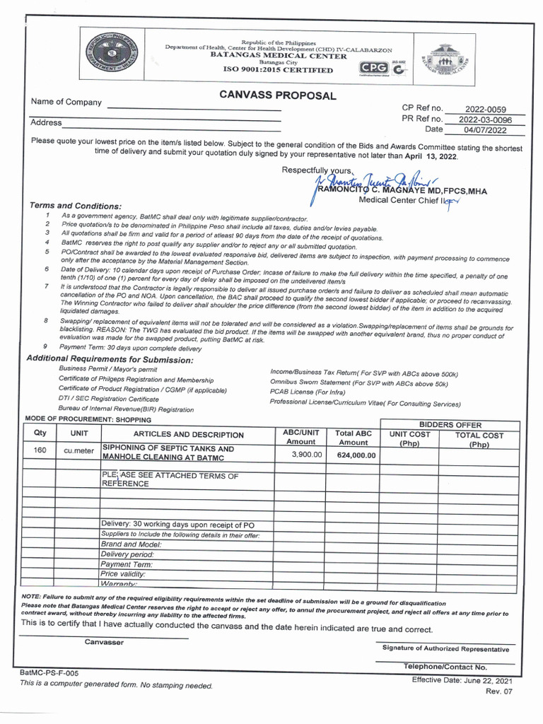 Canvas Proposal BATANGAS MEDICAL CENTER - Siphoning Services | PDF