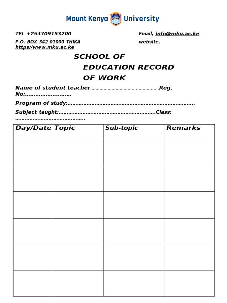 Education Record of Work Template | PDF