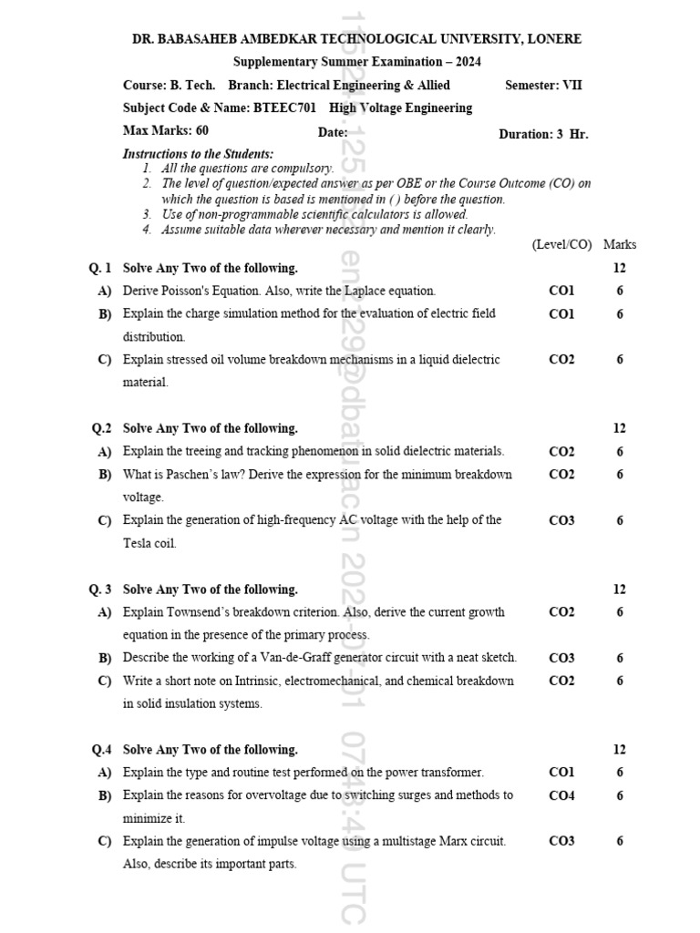 High Voltage Engineering Exam Questions | PDF | High Voltage | Transformer