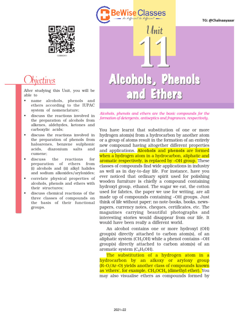 Alcohols, Phenols _ Ethers - Ncert Highlighted Bewise | PDF | Ether | Ester
