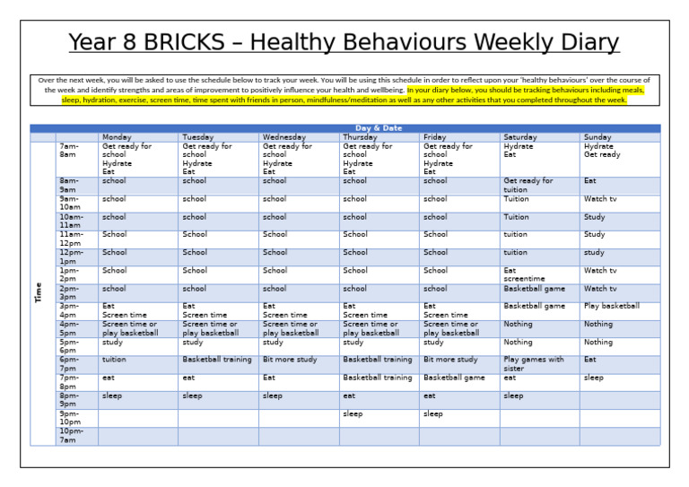 1.3 - Healthy Behaviours Weekly Diary (Template) | PDF