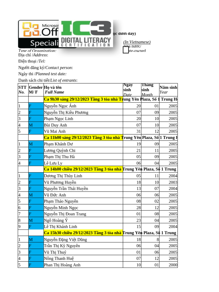 29.12 Danh Sách Thi MOS, IC3 | PDF