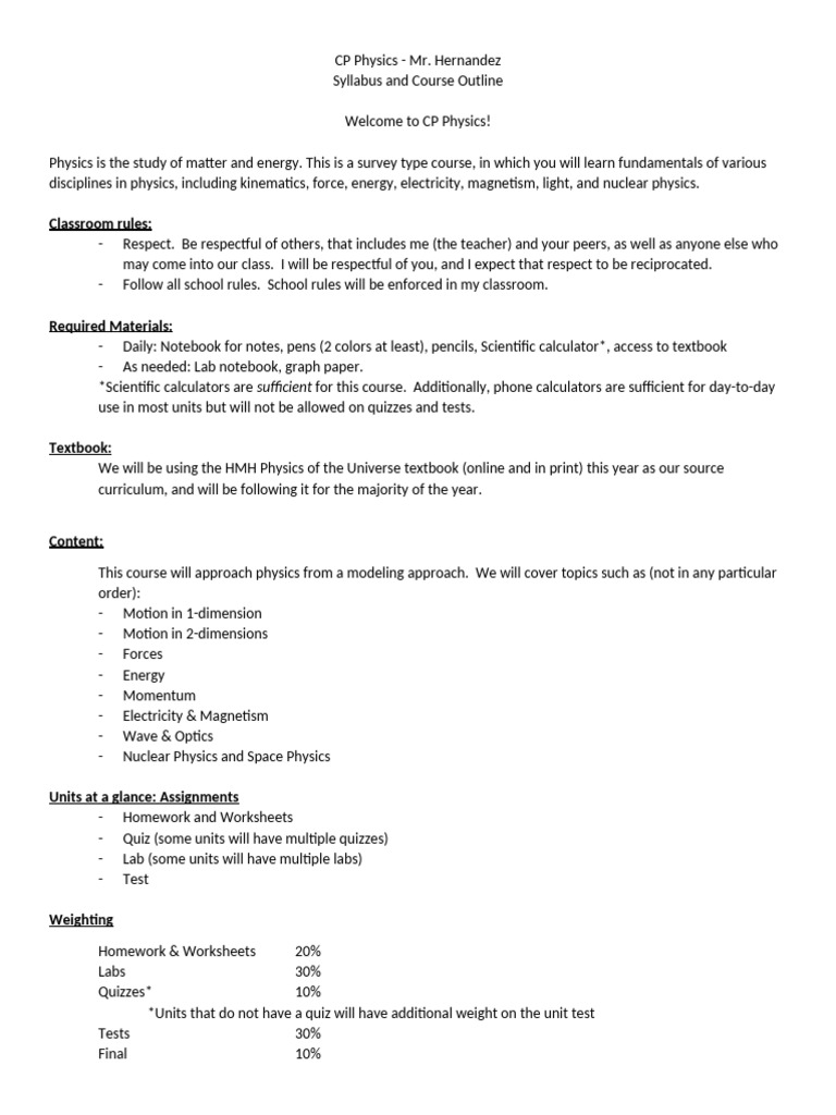 CP Physics Syllabus | PDF | Physics | Homework
