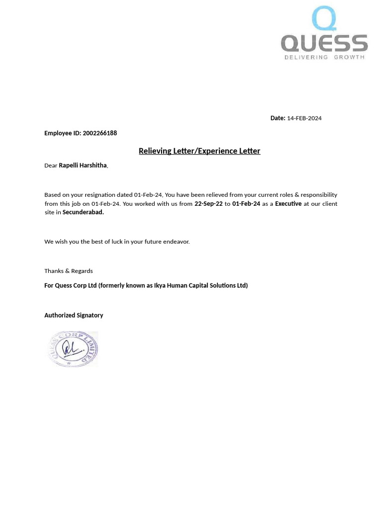 Experience Letter Harshitha-1 | PDF