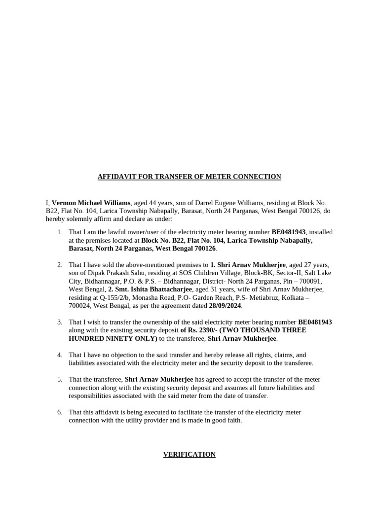 Affidavit For Transfer of Meter Connection | PDF