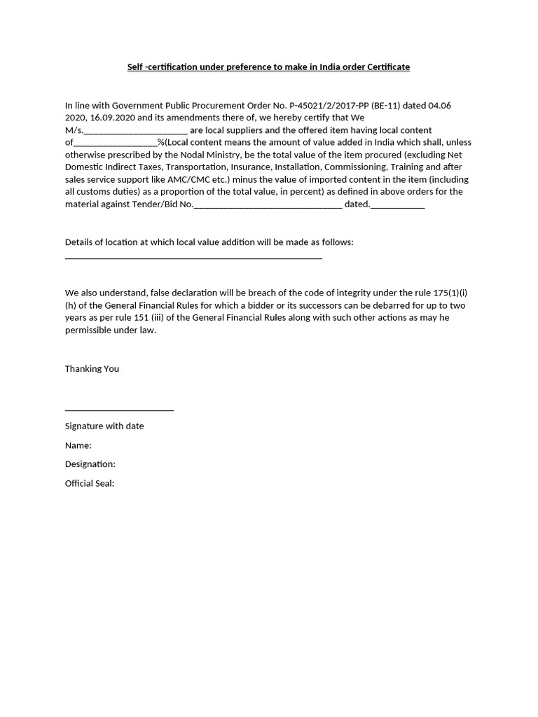 Make in India Self-Certification Form | PDF