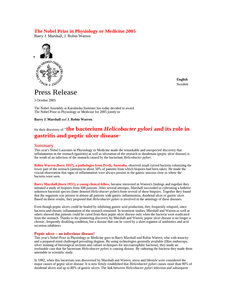 The Nobel Prize in Physiology or Medicine 2005 | PDF | Diseases And ...