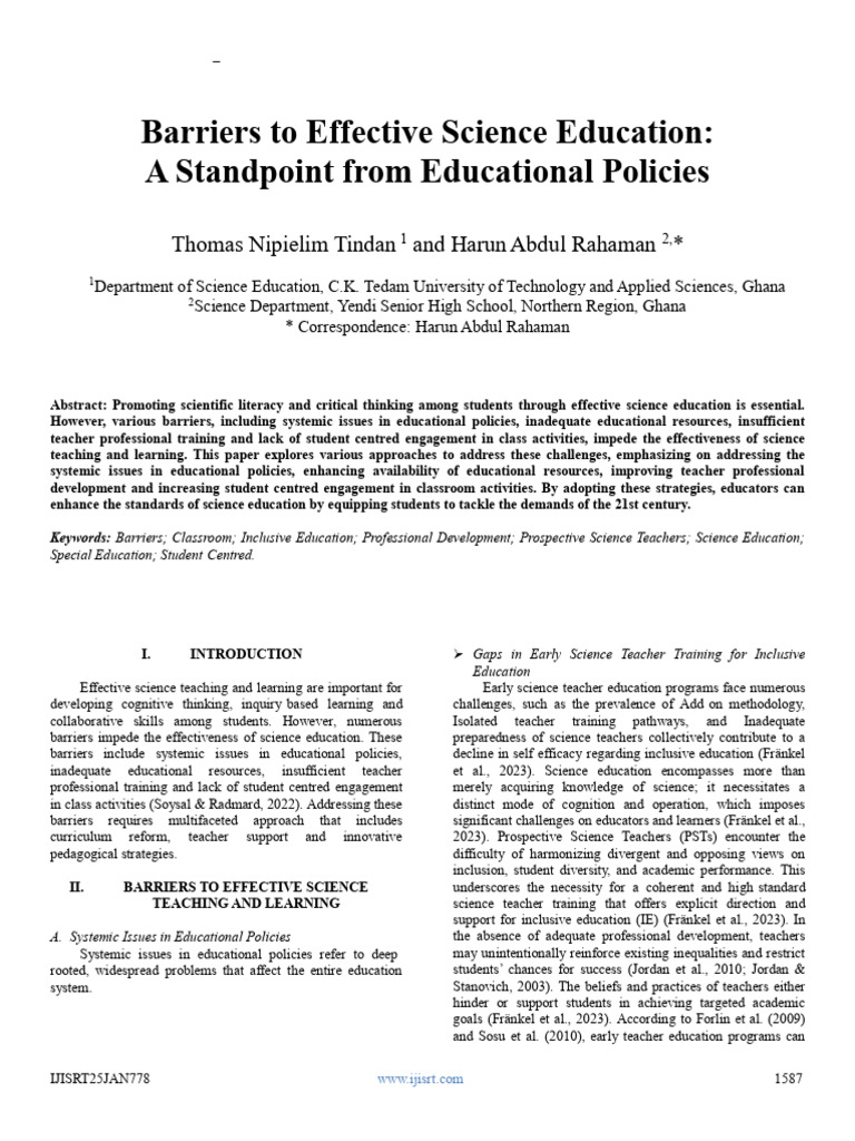 Barriers To Effective Science Education: A Standpoint From Educational ...