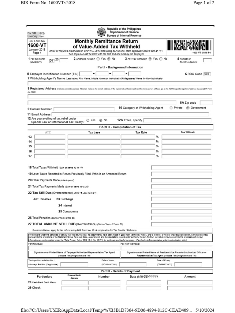 VAT Withholding Monthly Return Form | PDF | Taxation | Government Finances