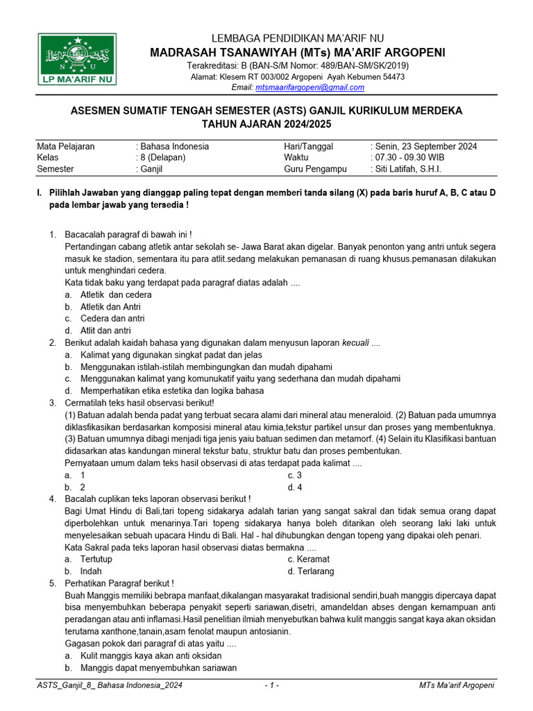 8. Soal B Indo ASTS Ganjil 2024_2025 | PDF